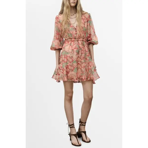 Mango Floral Print Puff Sleeve Mini Dress