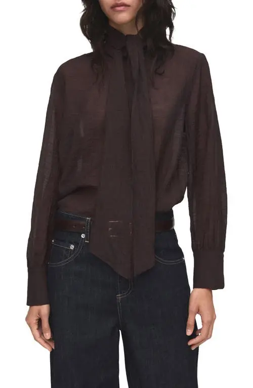 Mango Tie-neck Textured Shirt - Chocolate