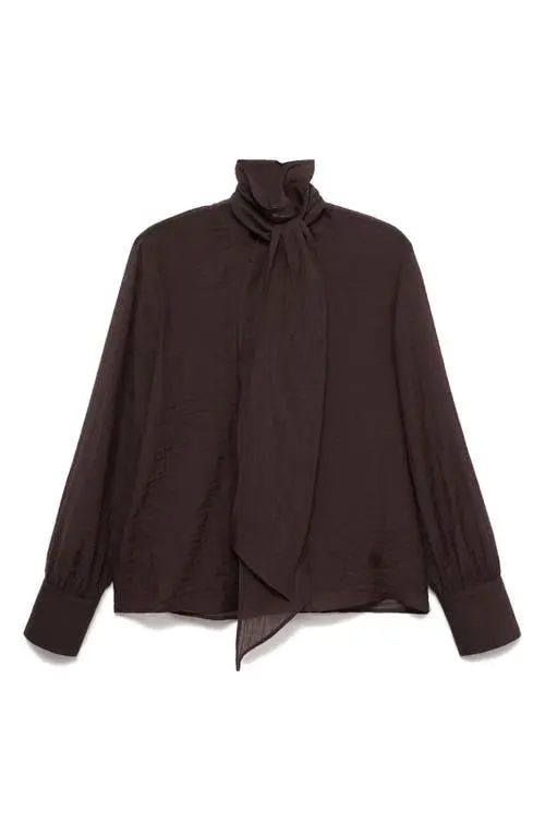 Mango Tie-neck Textured Shirt - Chocolate