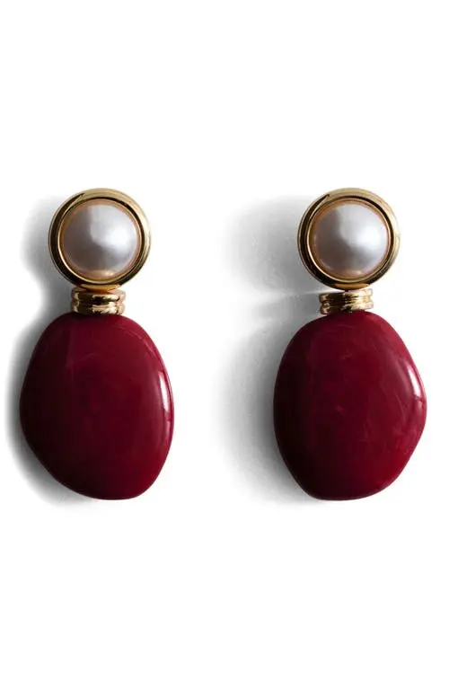 Mango Faux Pearl Drop Earrings - Maroon