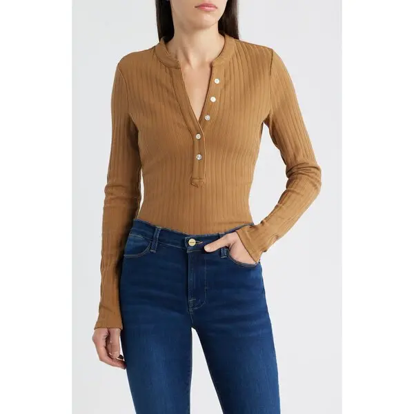 Veronica Beard Jocelyn Rib Stretch Cotton Henley Top - Dark Acorn