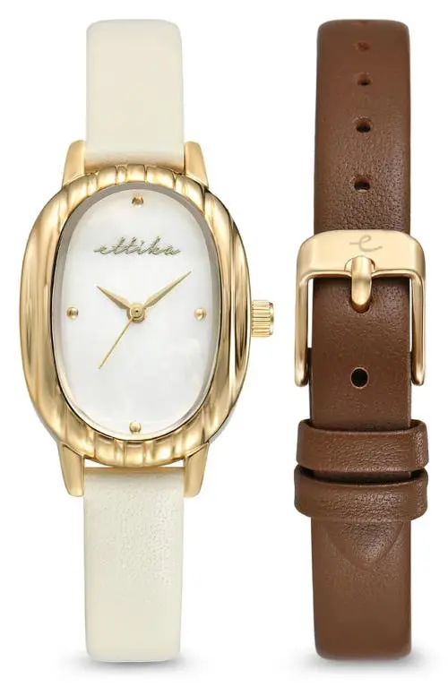 Ettika Oval Mother-of-pearl Watch And Leather Strap Set - Chocolate