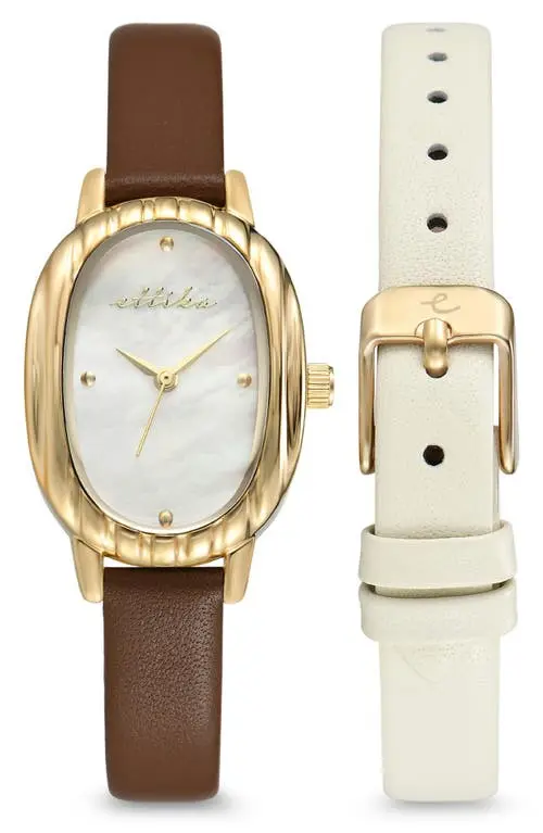 Ettika Oval Mother-of-pearl Watch And Leather Strap Set