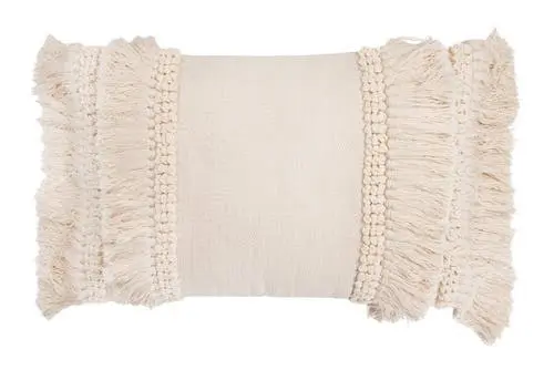 STORIED HOME Cotton And Chenille Woven Lumbar Pillow With Fringe - Cream