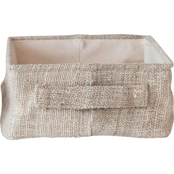 STORIED HOME Large Rectangular Hemp Fiber And Metal Bin With Cotton Canvas Lining And Handle - Natural