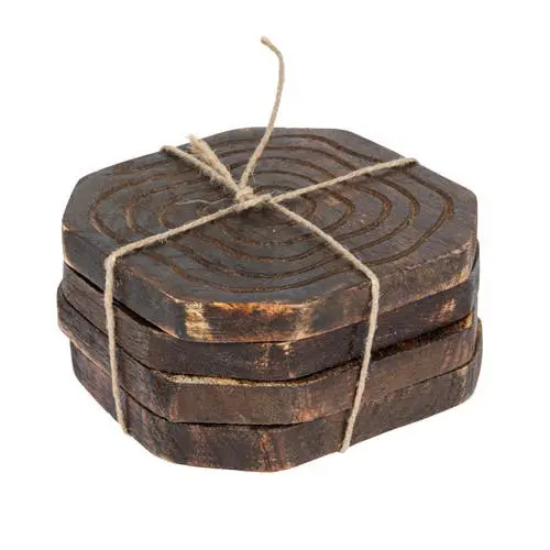 STORIED HOME 4 Inches Round Hand-carved Mango Wood Coasters With Distressed Finish - Brown