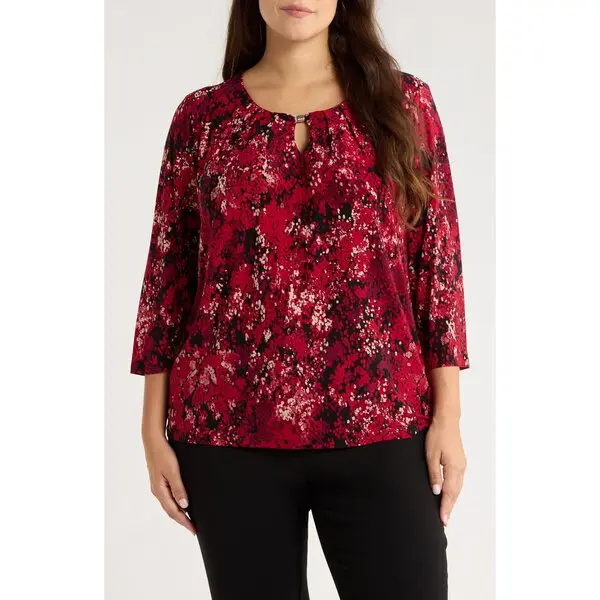 KASPER Pleated Three-quarter Sleeve Top - Red/black Multi