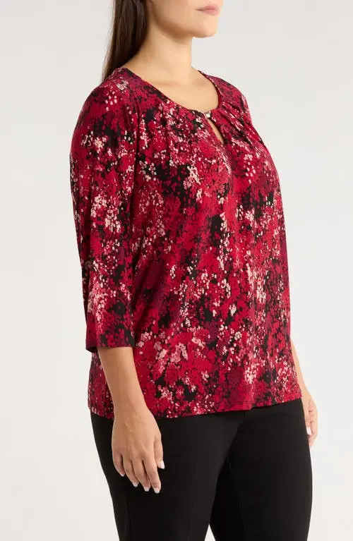 KASPER Pleated Three-quarter Sleeve Top - Red/black Multi
