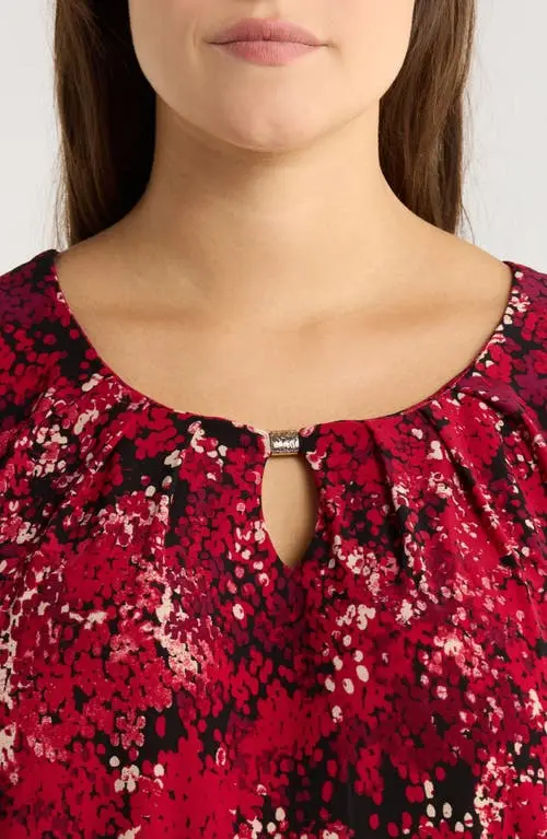 KASPER Pleated Three-quarter Sleeve Top - Red/black Multi