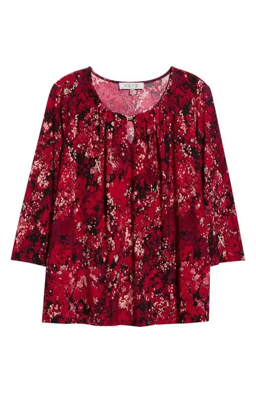KASPER Pleated Three-quarter Sleeve Top - Red/black Multi