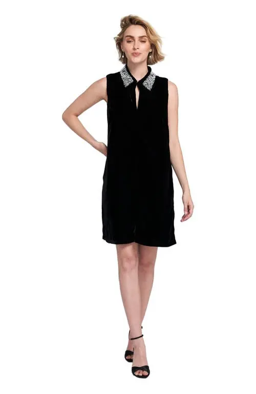 ELLE COLLECTION Beaded Collar Velvet Shift Dress