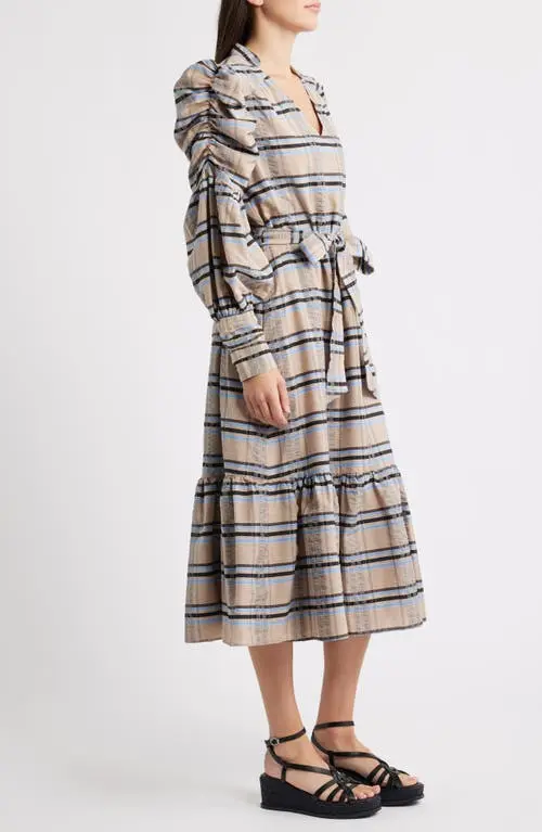 CIEBON Mariyah Long Sleeve Seersucker Midi Dress