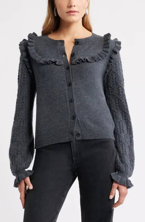 Treasure & Bond Pointelle Ruffle Wool & Cashmere Cardigan - Grey Dark Charcoal Heather
