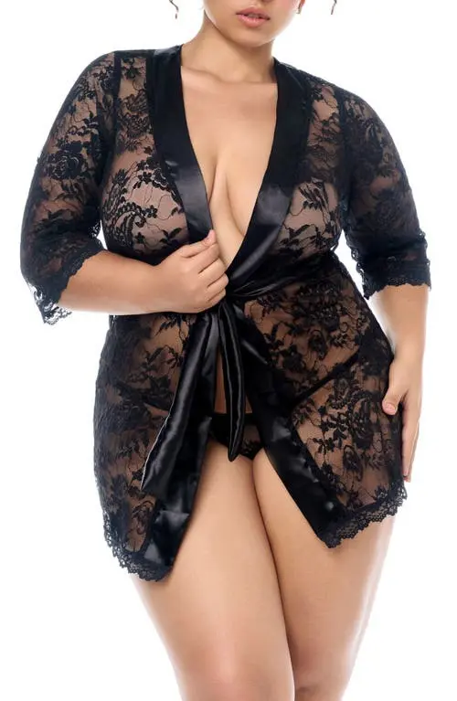MAPALE Lace Robe & Thong Set - Black