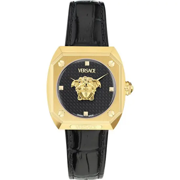 Versace Antares Leather Strap Watch - Yellow Gold