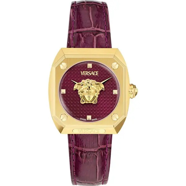 Versace Antares Leather Strap Watch - Ip Yellow Gold