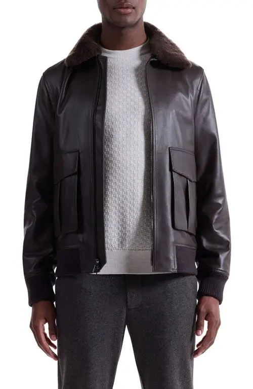 Bugatchi Leather Bomber Jacket With Removable Shearling Collar