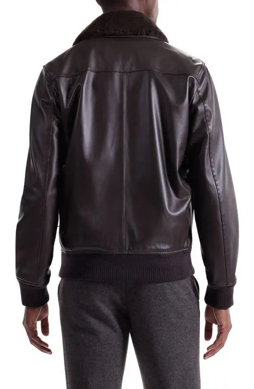 Bugatchi Leather Bomber Jacket With Removable Shearling Collar