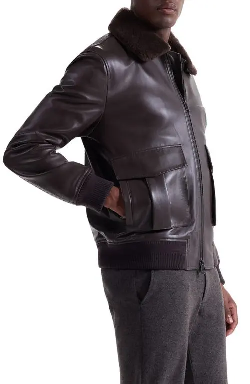 Bugatchi Leather Bomber Jacket With Removable Shearling Collar