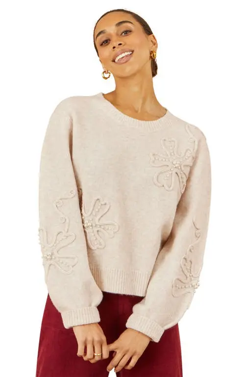 YUMI Floral Appliqué Relaxed Fit Sweater