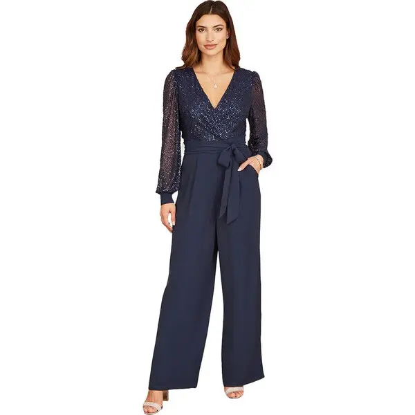YUMI Sequin Embellished Long Sleeve Jumpsuit - Navy