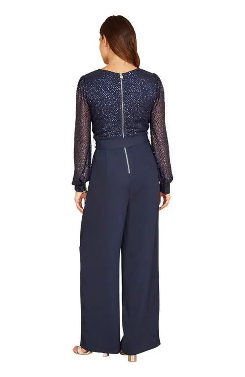 YUMI Sequin Embellished Long Sleeve Jumpsuit - Navy
