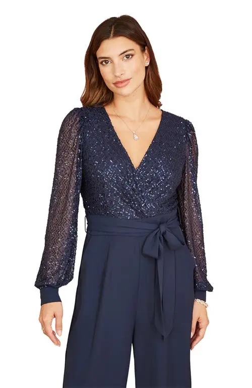 YUMI Sequin Embellished Long Sleeve Jumpsuit - Navy