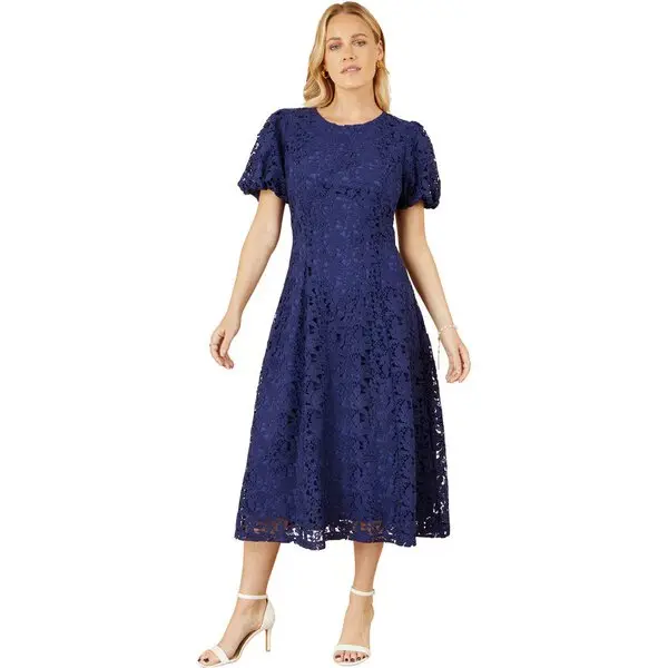 YUMI Lace Midi Skater Dress - Navy