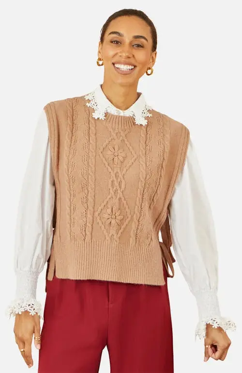 YUMI Floral Cable Knit Side Tie Pullover - Camel
