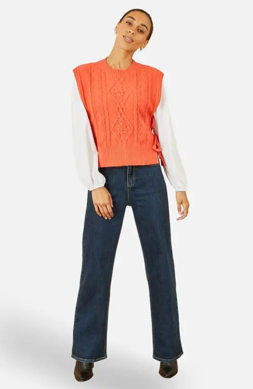 YUMI Floral Cable Knit Pullover With Side Tie Detail - Orange