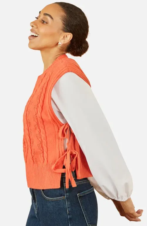 YUMI Floral Cable Knit Pullover With Side Tie Detail - Orange