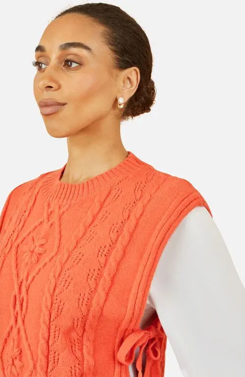YUMI Floral Cable Knit Pullover With Side Tie Detail - Orange