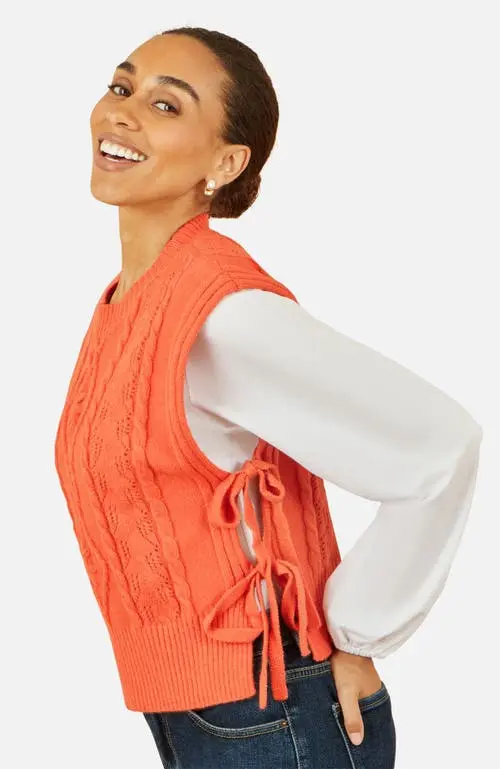 YUMI Floral Cable Knit Pullover With Side Tie Detail - Orange
