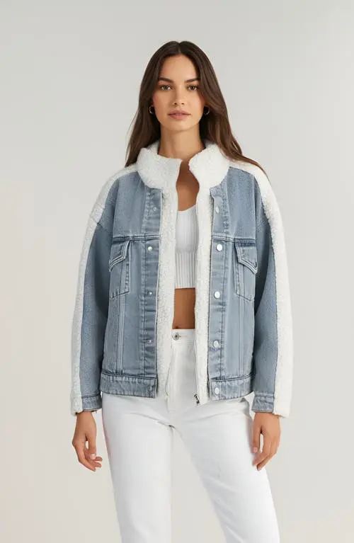 MODENAIRE Denim Jacket With Faux Shearling Collar And Contrast Trim - Light Blue Denim