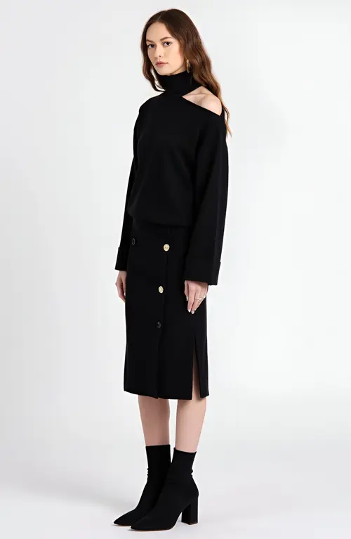 MODENAIRE Asymmetric Turtleneck Pullover And Button-front Slit Skirt Set