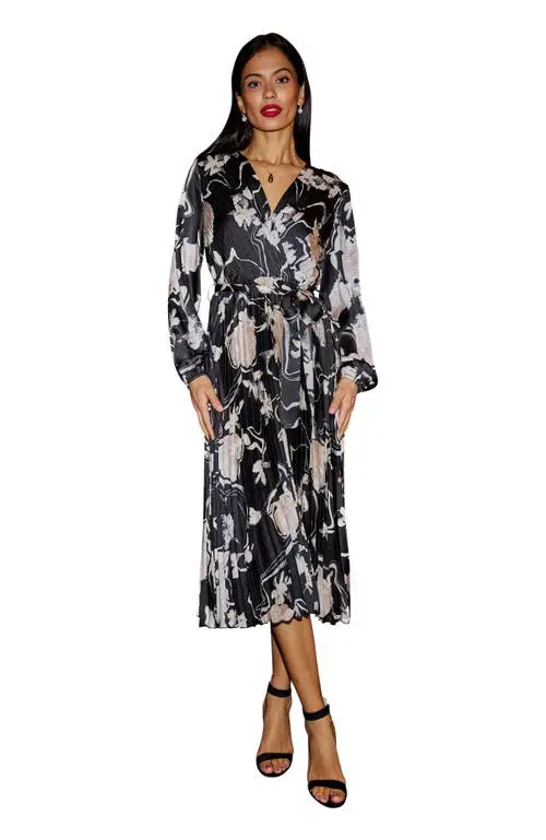 YUMI Floral Satin Long Sleeve Midi Dress - Black
