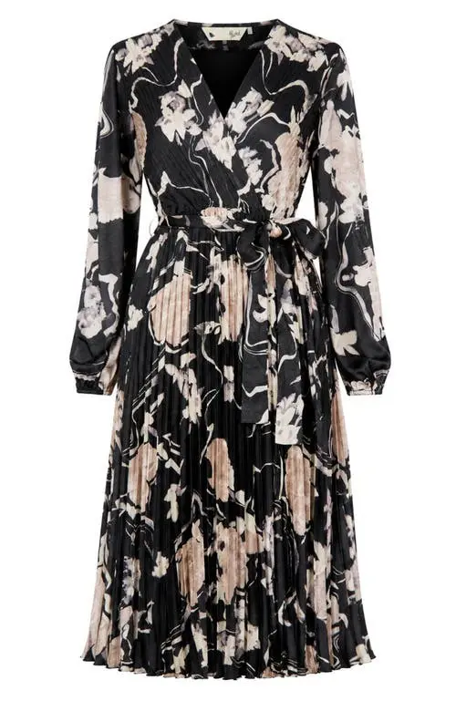 YUMI Floral Satin Long Sleeve Midi Dress