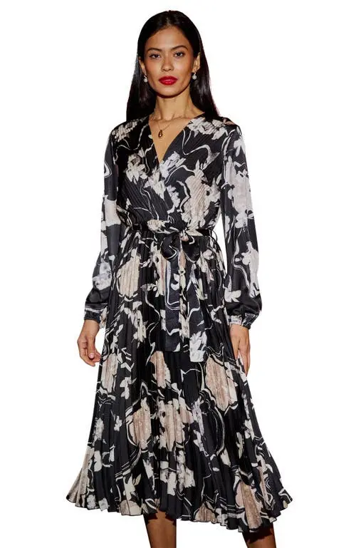 YUMI Floral Satin Long Sleeve Midi Dress