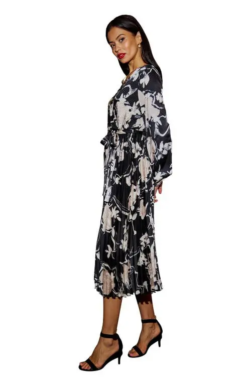 YUMI Floral Satin Long Sleeve Midi Dress