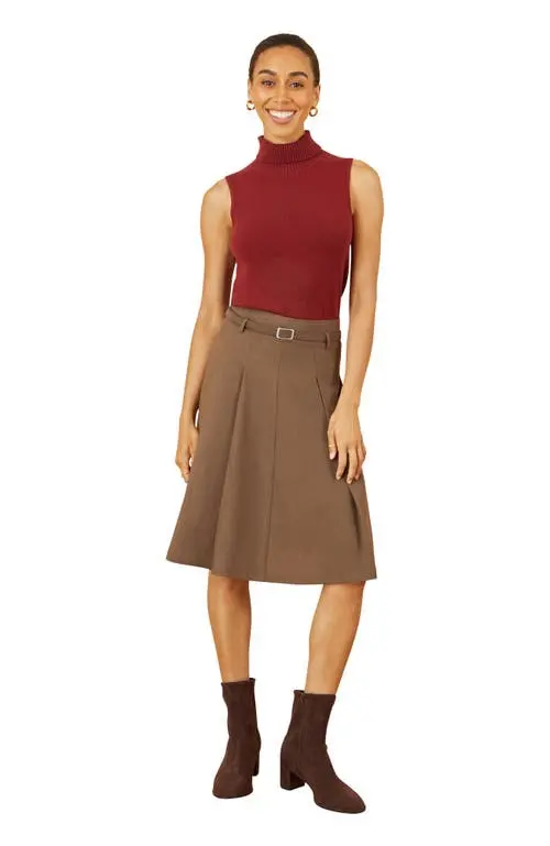 YUMI Pleated Midi Skirt With Belt - Brown