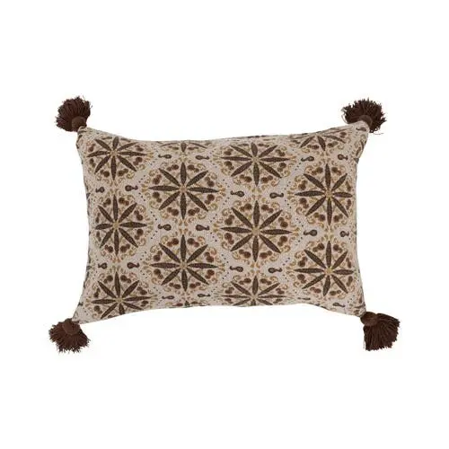 STORIED HOME Recycled Cotton Blend Lumbar Pillow With Floral Medallion Print And Tassels - Beige