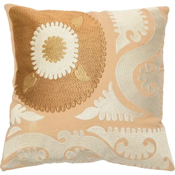 STORIED HOME Cotton Embroidered Suzani Pillow With Chambray Back - Cream