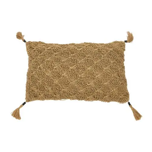 STORIED HOME Hand-woven Cotton And Jute Macramé Lumbar Pillow With Jute Tassels And Mango Wood Beads - Brown