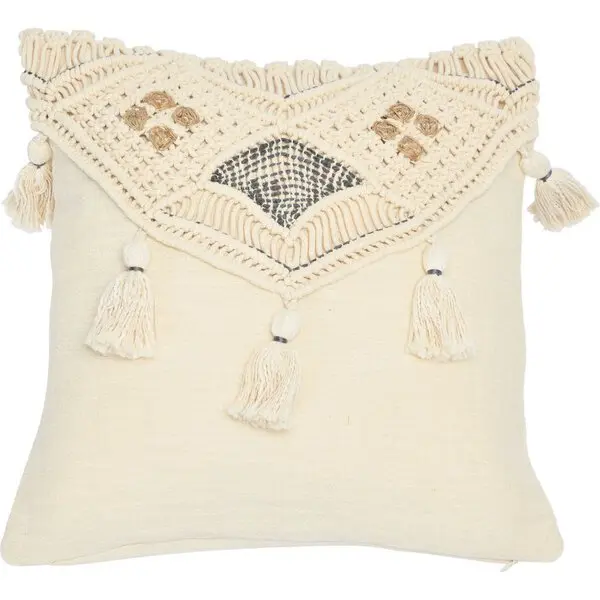 STORIED HOME Hand-woven Cotton And Jute Macramé Pillow With Tassels - Cream
