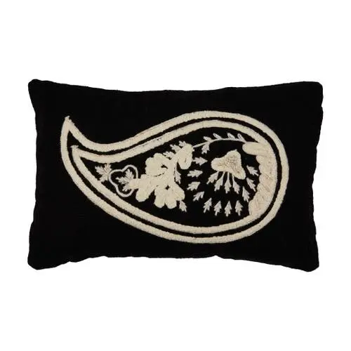 STORIED HOME Woven Cotton Slub Lumbar Pillow With Embroidered Paisley - Black