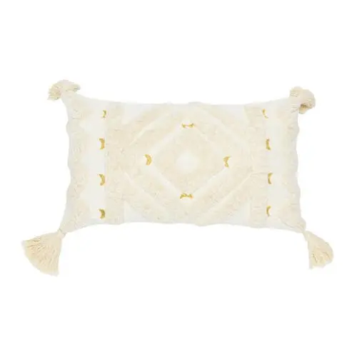 STORIED HOME Cotton Tufted Lumbar Pillow With Embroidery And Tassels - Cream