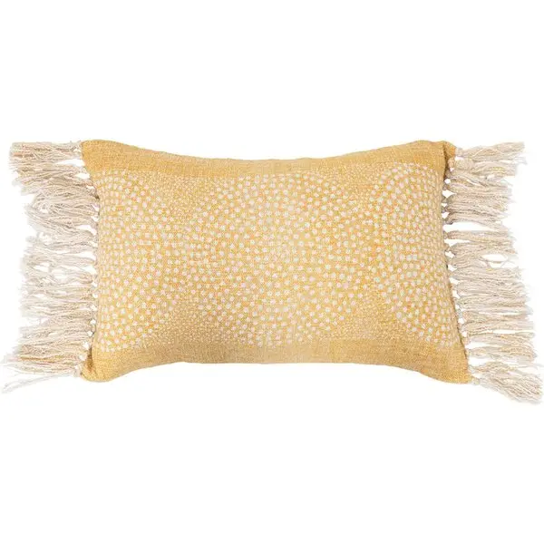 STORIED HOME Stonewashed Cotton Slub Lumbar Pillow With Dot Pattern And Fringe - Yellow