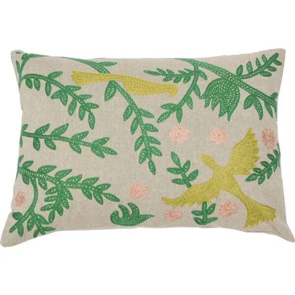 STORIED HOME Cotton Chambray Lumbar Pillow With Bird Embroidery - Cream