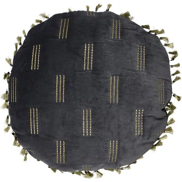 STORIED HOME Cotton Velvet Pillow With Metallic Embroidery And Tassels - Blue