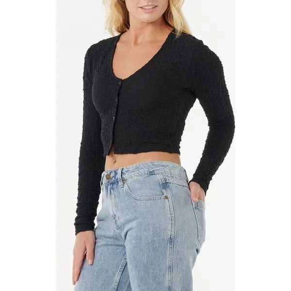 Rip Curl Textured Long Sleeve Crop Top - Black